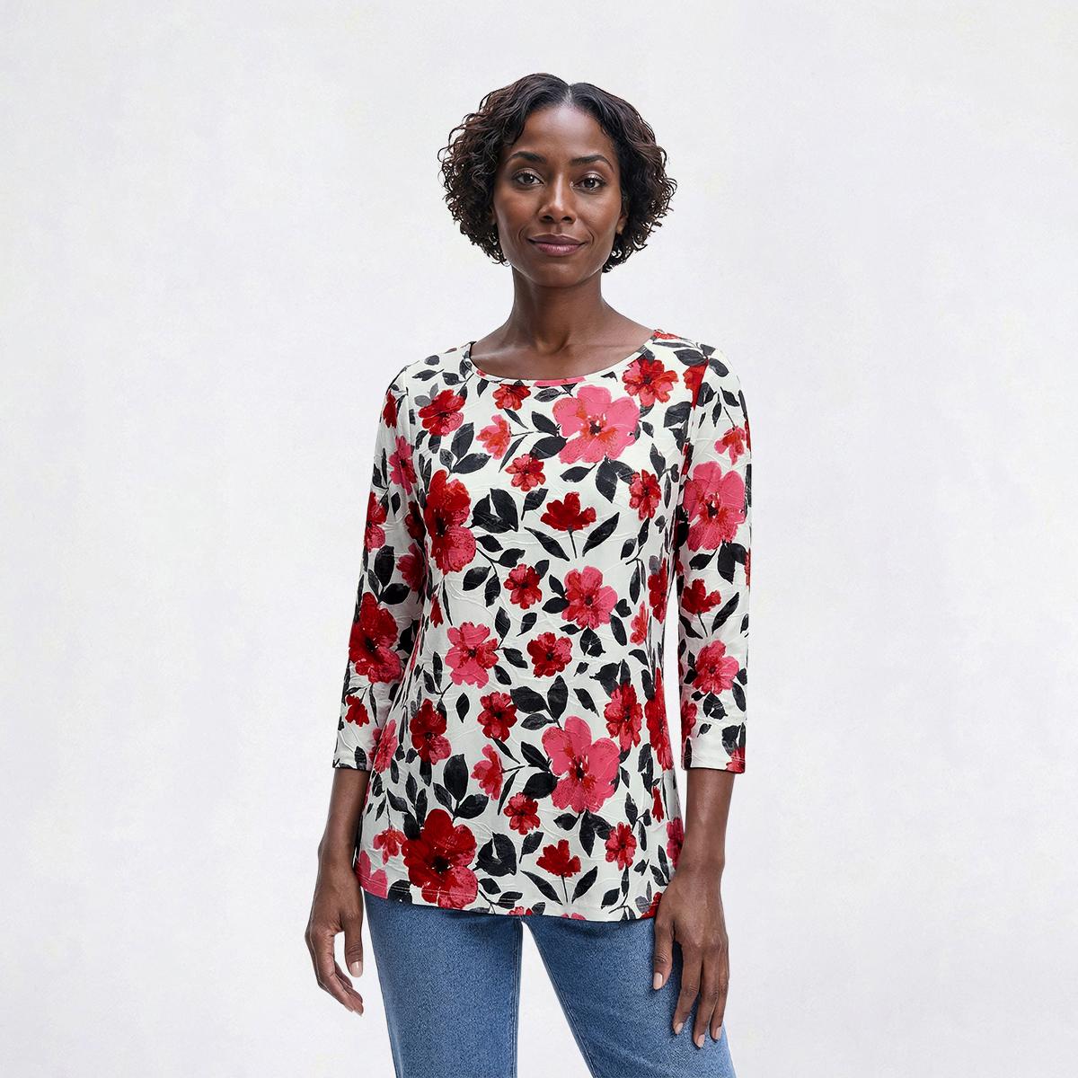 Click here for Petite Emily Daniels 3/4 Sleeve Floral Jacquard Tu... prices